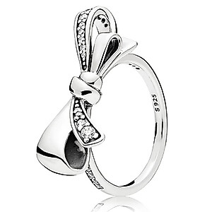 New 925 Sterling Silver Ring Brilliant Bow Red Heart-shaped Crystal You Me Two Hearts Open Ring For Women Gift Fashion Jewelry (4, 7)