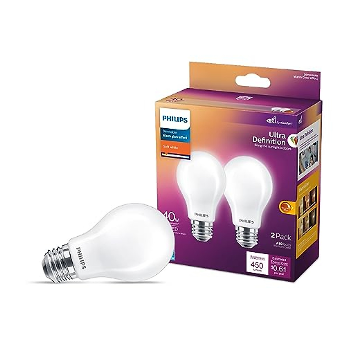 Philips LED Flicker-Free Frosted Dimmable A19 Light Bulb - EyeComfort Technology - 800 Lumen - Soft White (2700K) - 8W=60W - E26 Base - Title 20 Certified - Ultra Definition - Indoor - 8-Pack