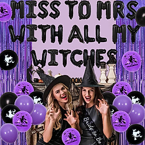 Halloween Bachelorette Party Decorations, Miss to Mrs with All My Witches Balloons Banner, Bride to Be Sash, Witch Hat Diamond Ring Balloons, Fringe Curtain for Women Witch, Bridal Shower Party Decor