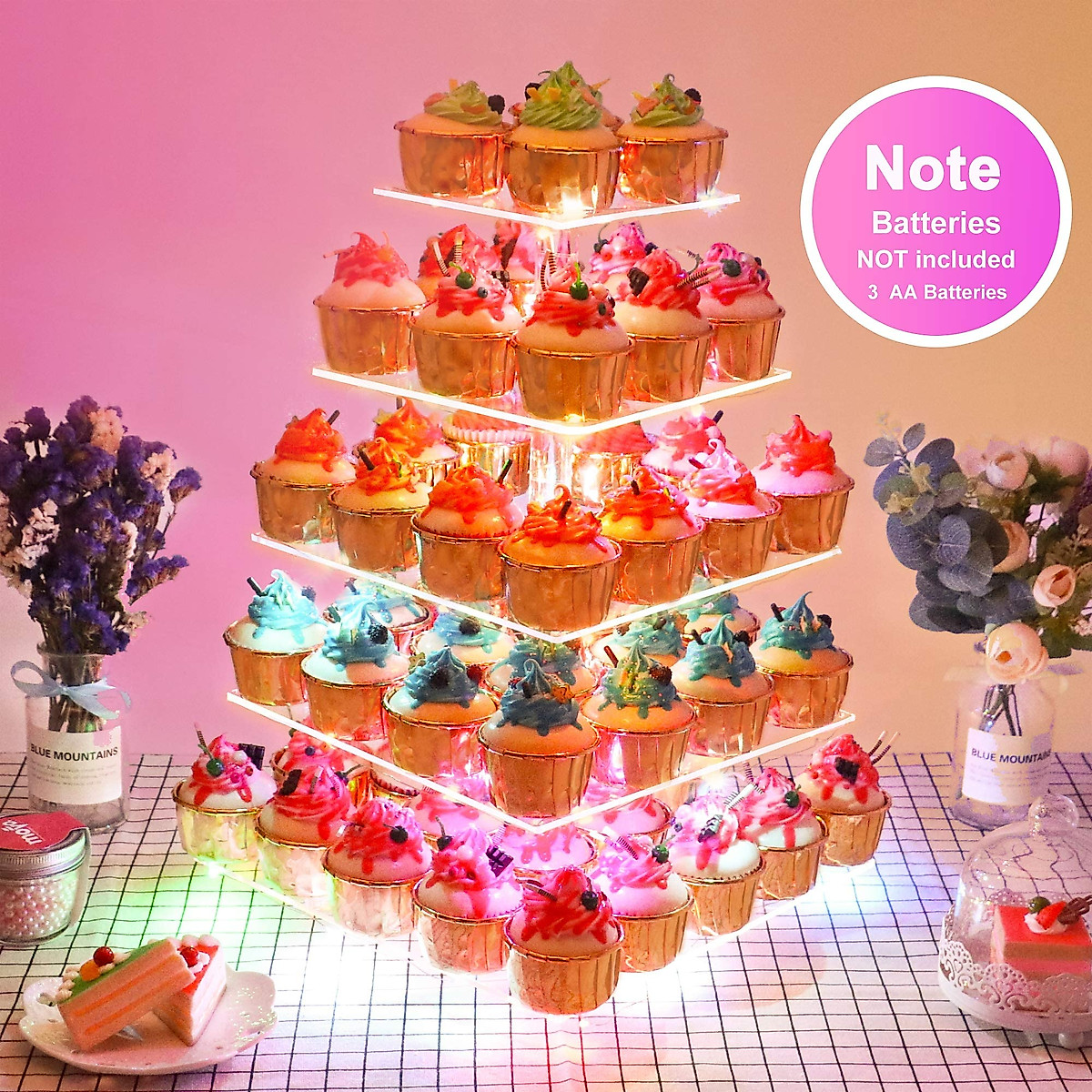 YestBuy 4 Tier Shelf Cake Pop Stand (Pink) +5 Tier Premium Cupcake Holder – Acrylic Cupcake Tower Display – Cady Bar Party Décor – Acrylic Display for Pastry Weddings, Birthday (Colorful)