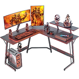FEZIBO L Shaped Gaming Desk with LED Lighting, Computer Corner Desk PC Writing Table Gamer Workstation for Home Office, Black