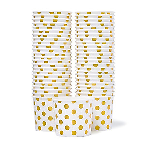 MATICAN Paper Ice Cream Cups - 50-Count 5.5-Oz Disposable Dessert Bowls for Hot or Cold Food, 5.5-Ounce Party Supplies Treat Cups for Sundae, Frozen Yogurt, Soup, Gold Foil Polka Dots