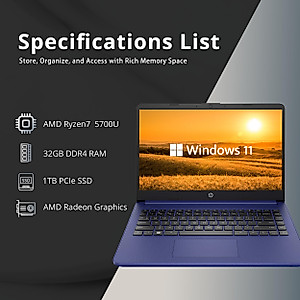 HP 14” HD Touchscreen Laptop, AMD Ryzen 7-5700U, 32GB RAM, 1TB PCIe SSD, AMD Radeon Graphics, HD Webcam, WI-FI 6, Bluetooth, HDMI, Blue, Windows 11, 32GB USB Card