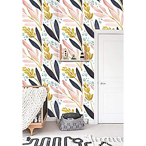 HAOKHOME 93027 Watercolor Forest Peel and Stick Wallpaper Removable White/Pink/Navy/Yellow Floral Vinyl Self Adhesive Shelf Liner 17.7in x 9.8ft