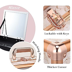 Costravio Makeup Train Case Rose Gold Cosmetic Box with Mirror & Brush Holder Home or Travel Organizer for Make-up and Jewelry Storage Box with 3-Tier Tackle Trays Portable Lockable Golden Marble