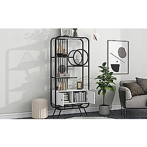 Bookcase with Cabinet,Open Bookshelf with Storage,Freestanding Display Rack Tall Shelving Unit, with Black Metal Frame for Home Office, Living Room, Bedroom