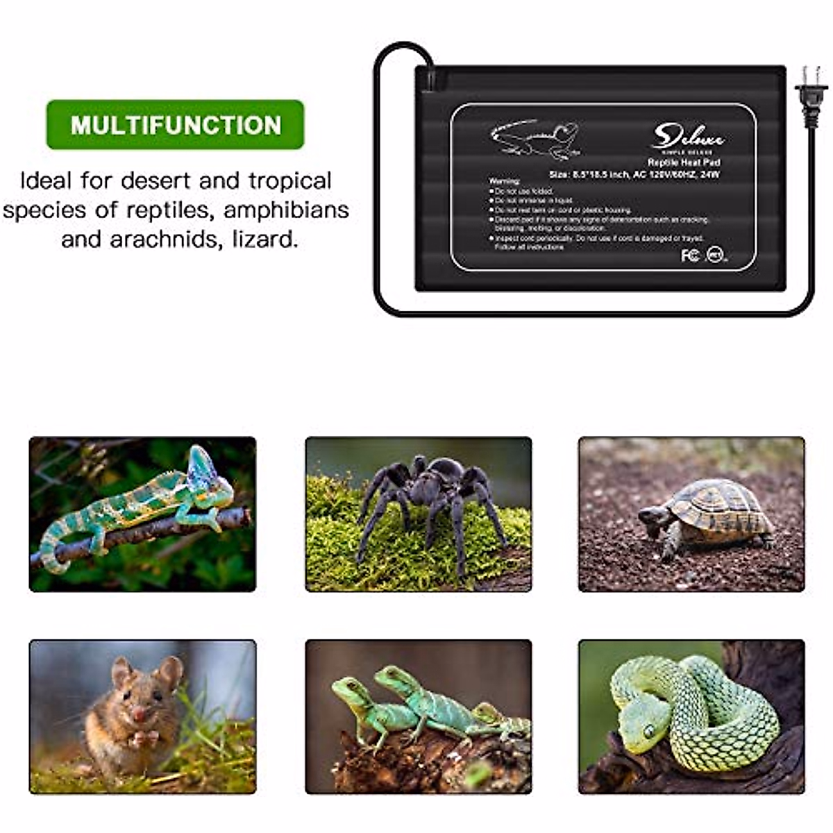 Simple Deluxe 8.5 X 18.5 Inch 24W Reptile Heating Pad with 2-Probe Digital Thermometer and Hygrometer Under Tank Heater Terrarium Warmer Heat Mat for Amphibians and Reptiles Pet, Black