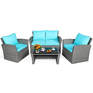 Tangkula 4 Pieces Patio Furniture Set, All Weather Outdoor Sectional Rattan Sofa Set with Cushions & Tempered Glass Table, Wicker Conversation Couch Set for Backyard Garden Poolside (Turquoise)