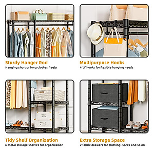 Ulif E6 Heavy-Duty Garment Rack, 5 Tiers Freestanding Clothes Rack with Fabric Drawers, Metal Clothing Wardrobe System Load 670 LBS, 58.6" W x 14.5" D x 71.6" H, Black