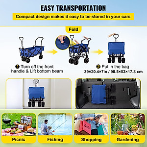 HAPPYBUY Extra Large Collapsible Garden Cart/Wagon with Removable Canopy, 220lbs Capacity Push& Pull Utility Cart with Rear Storage; Upgrad Padded Cotton 600D OxfortSecure Lock (40IN40IN20IN, Blue)