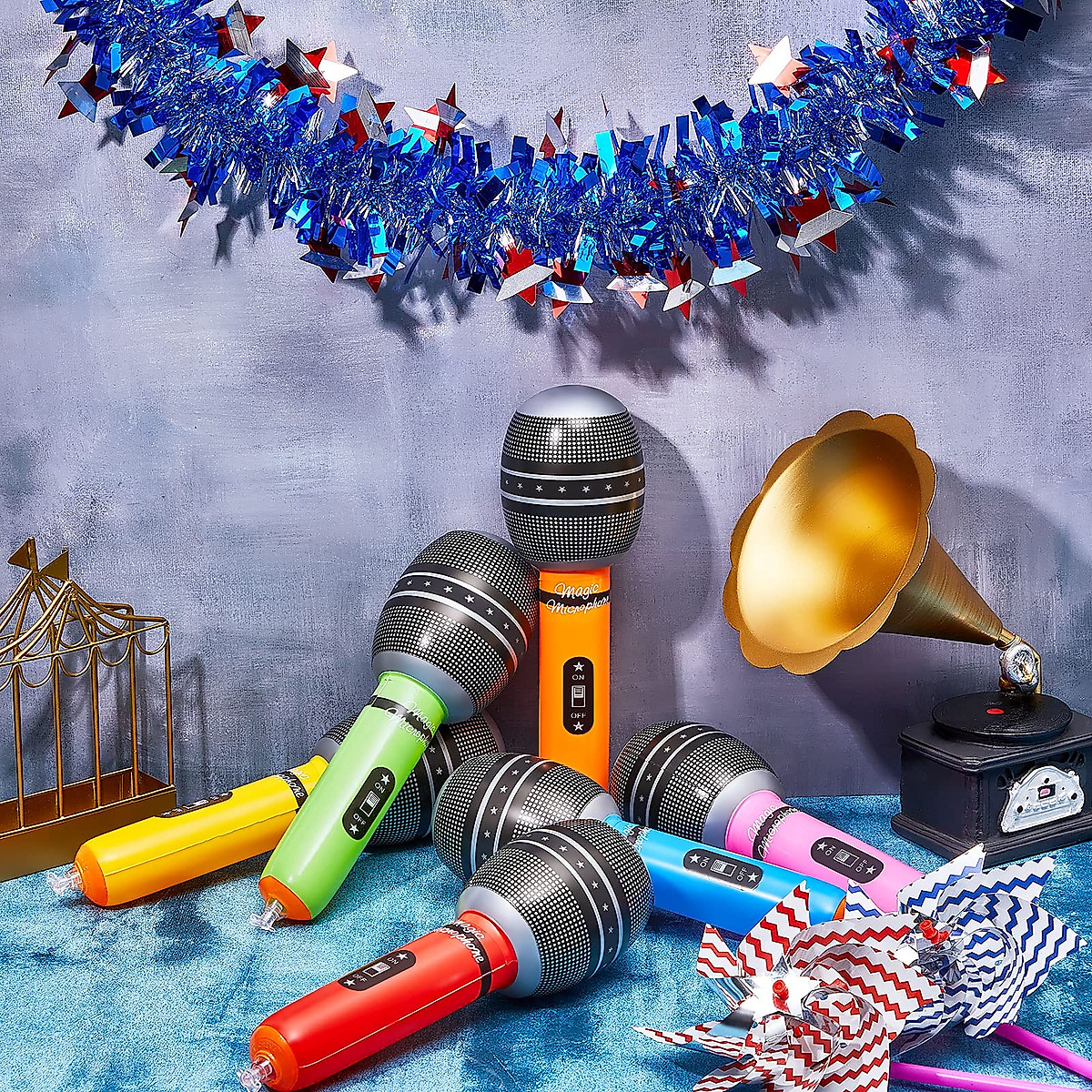 Zhanmai 12 Pieces Inflatable Microphones Blow up Microphone Plastic Microphone Props Blow up Microphones Toys for Musical Concert Themed Party Cosplay Stage Birthday Decoration Supplies, Random Colors