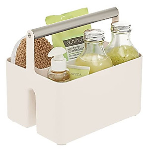 mDesign Plastic Shower Caddy Storage Organizer Utility Tote, Divided Basket Bin - Metal Handle for Bathroom, Dorm, Kitchen, Holds Soap, Shampoo, Conditioner - Aura Collection - Cream/Beige/Satin