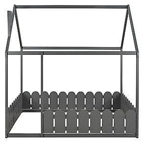 Harper & Bright Designs Full Size House Bed for Kids,Montessori Bed Full Size with Fence-Shaped Guardrails, Wood Toddler Full Floor Bed Frames for Girls, Boys(Full,Grey)