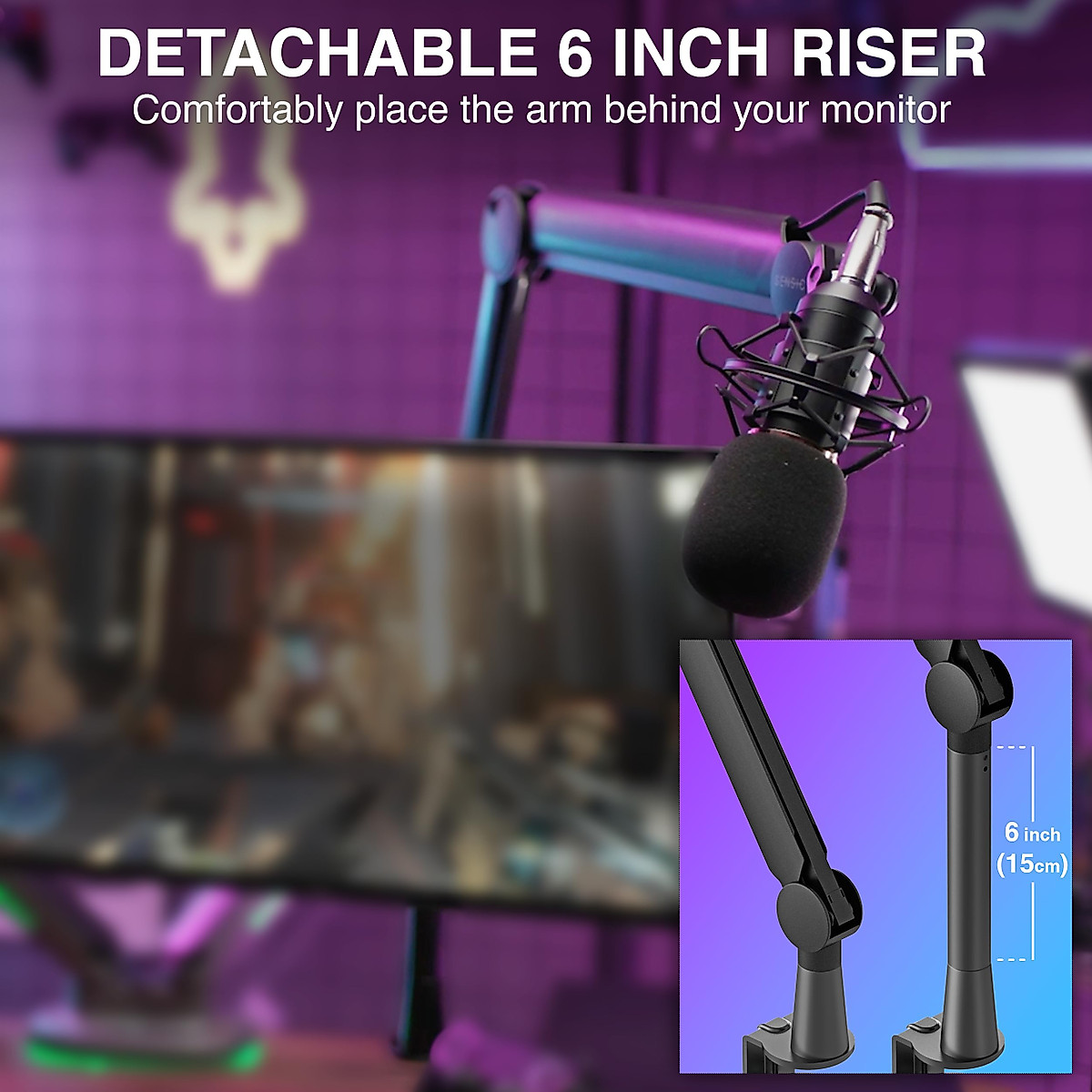 Sensic SA-30 Microphone Boom Arm, 360° Rotatable Mic Stand with 6 inch riser, Microphone Holder with 1/4", 3/8" and 5/8" Adapters, Professional Microphone Arm with Accessories, Mic Boom Arm Black