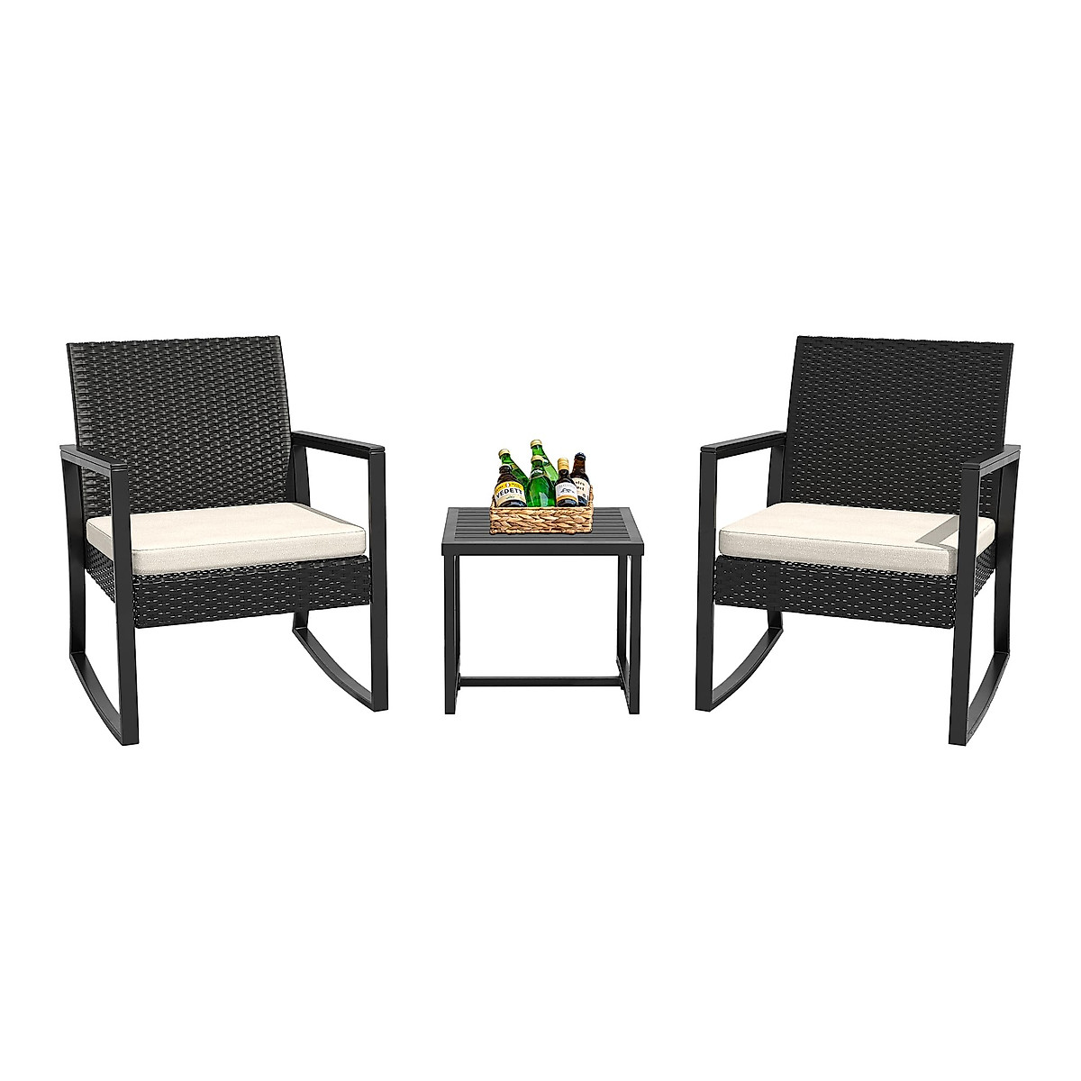 WWR 3 Pieces Outdoor Patio Furniture Set Wicker Rattan Chair Set Patio Bistro Conversation Set 3 Pcs with Coffee Table for Yard & Bistro (Sand)