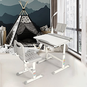 Domaker Kids Desk and Chair Set,Height Adjustable Childrens Homeschool Study Table with Storage Drawer, LED Light,Cup Holder,Bookstand, for 3-15 Years Boy and Girl, Grey