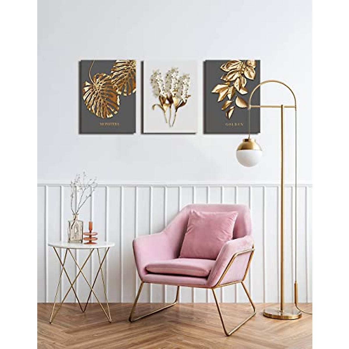 Gray and Gold boho Abstract Wall Art 3 Pieces Modern Stretched and Framed White Flower Gold Leaf Canvas Paintings for Living Room Home Office and Bedroom Bathroom Wall Decor Canvas Size: 12"x16"x3