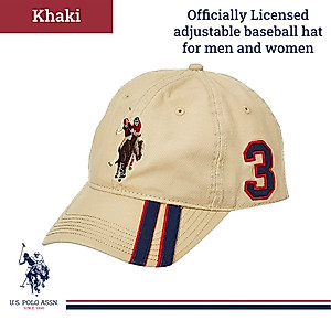 U.S. Polo Assn. Dad Hat, Embroidered Horse Logo Adjustable Adult Baseball Cap with Diagonal Accent Stripes, Khaki, One Size