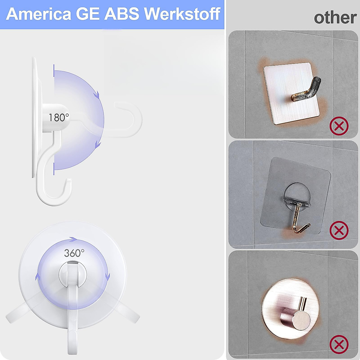 CHOOBY Adhesive Hooks Wall Ceiling: Heavy Duty Damage-Free No-Drill Waterproof Self Stick Cabinet Hook Hanging Small Plant Towel Lights Coat for Door Shower Bathroom Kitchen - 4Pack White