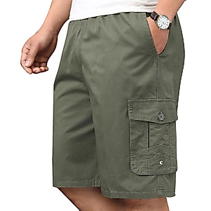 YangguTown Men's Cotton Lightweight Loose Fit Cargo Shorts Full Twill Elastic Waist Drawstring Shorts Khaki 36