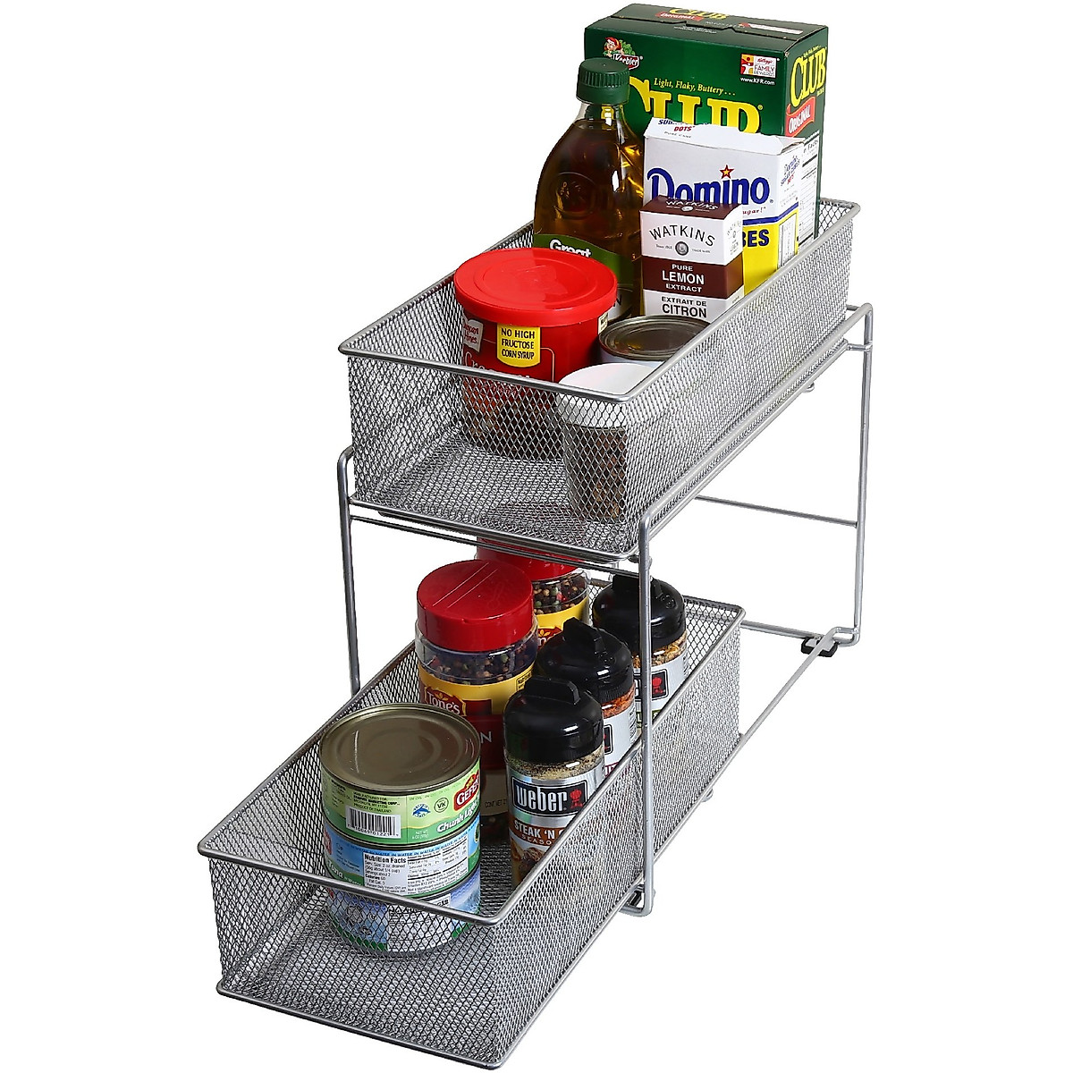 YBM Home Silver 2 Tier Mesh Sliding Spice and Sauces Basket Cabinet Organizer Drawer 2304