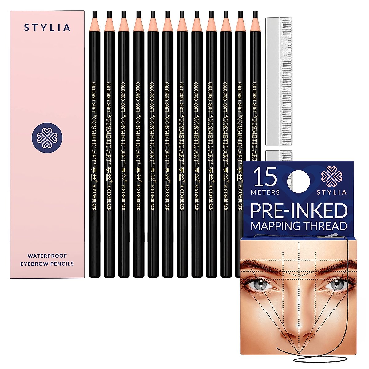 Bundle of 15 Meters Pre-Inked Eyebrow Mapping String and Microblading Supplies 12 Piece Black Waterproof Eyebrow Pencil Set, Brow Mapping Tool
