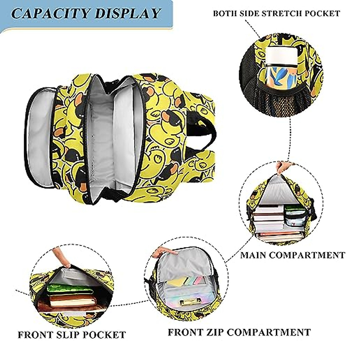 JHKKU Yellow Rubber Duck with Sunglasses School Backpack for Boys Girls Portable Wide Shoulder Strap Elementary School Bag Lightweight Travel Daypack with Reflective Strip