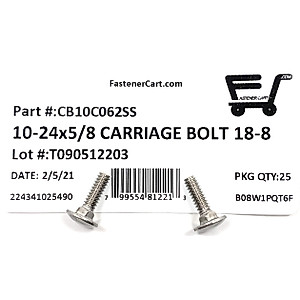 10-24x5/8 Carriage Bolts Stainless Steel 18-8 (25 Pieces)