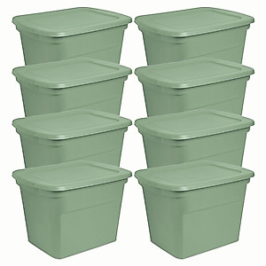 Sterilite 18 Gal Storage Tote, Stackable Bin with Lid, Plastic Container to Organize Clothes in Closet, Basement, Crisp Green Base and Lid, 8-Pack
