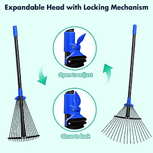 Garden Leaf Rake with Expandable Head from 9.5 inch to 17 inch, Collapsible Lawn Rake with Adjustable 53 Inch Splicing Handle, Heavy Duty Metal Rake for Lawn Yard, Flowers Beds and Roof