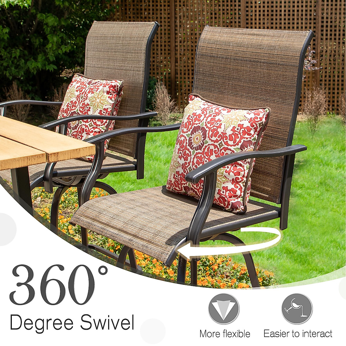 Sophia & William Patio Swivel Bar Stools Set of 4, Bar Height Patio Chair, High Top Patio Chairs, Supports 300 lbs (Brown Fabric)