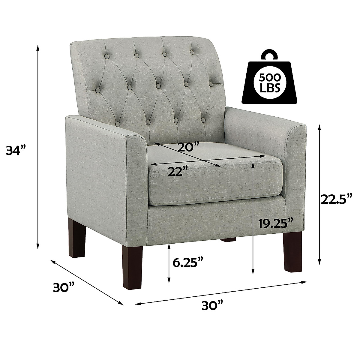 Rosevera Shevonne 30”Accent Fabric Upholstered Arm Tufted Comfy for Reading in Bedroom,Living Room, Sofa Chair,Armchair for Small Space,Wood Legs, Standard, Dove Grey