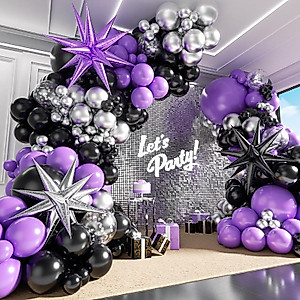 125pcs Purple and Black Balloon Garland Arch Kit, Sliver Confetti Metallic Purple Balloons for Graduation Halloween Birthday Party Decorations