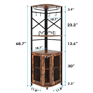 Osfvolr Bar Cabinet w/Wine Rack and Glass Holder, Corner Cabinet with Mesh Door, Corner Bar Cabinet with Adjustable Shelf, Liquor Cabinet Bar for Home, Rustic Brown
