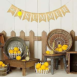 FAKTEEN Hello Summer Burlap Banner with Lemon Bunting for Hawaiian Summer Party Supplies Garland Home Mantel Fireplace Decorations