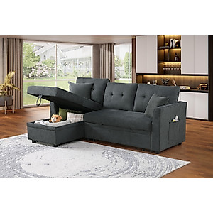 Eafurn L-Shape Reversible Sectional Sofa Bed Convertible Sleeper Corner Couch w/USB Ports and Storage Chaise, 4 in 1 Pull-Out Sofabed for Living Room, Apartment, Office