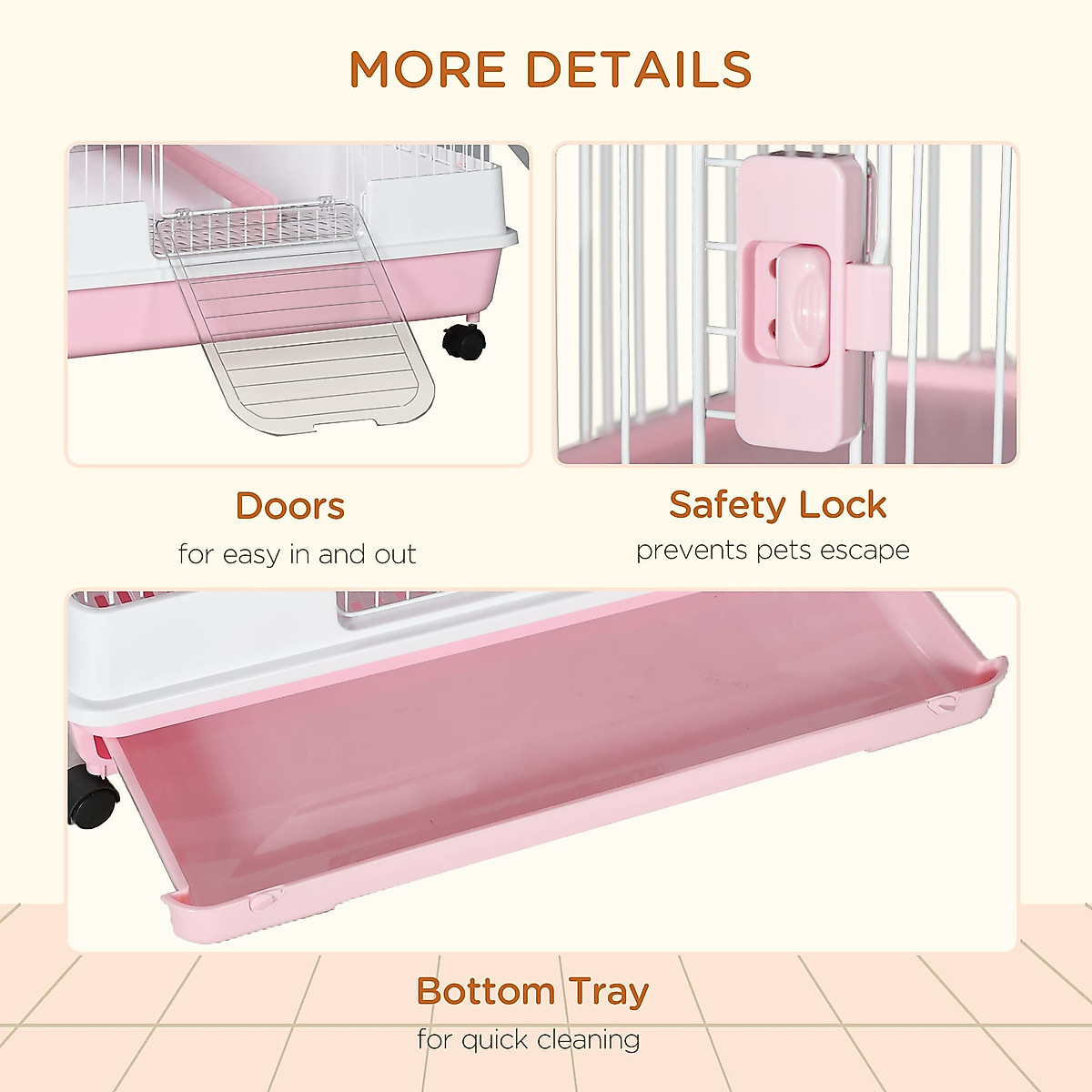 PawHut 6-Level Small Animal Cage Rabbit Hutch with Wheels, Removable Tray, Platform and Ramp for Bunny, Chinchillas, Ferret, Pink