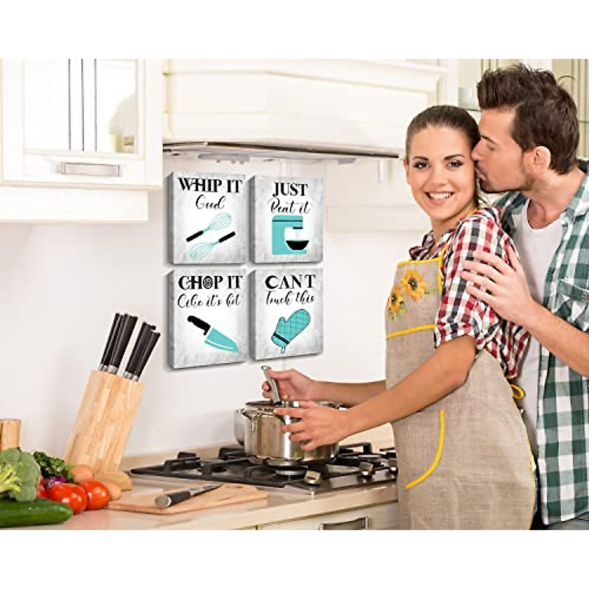 ARTINME Teal Kitchen Quotes Wall Art - Set of 4 Retro Vintage Inspirational Canvas Poster Prints Sign For Dining Room cafe and Restaurant Home Decorations