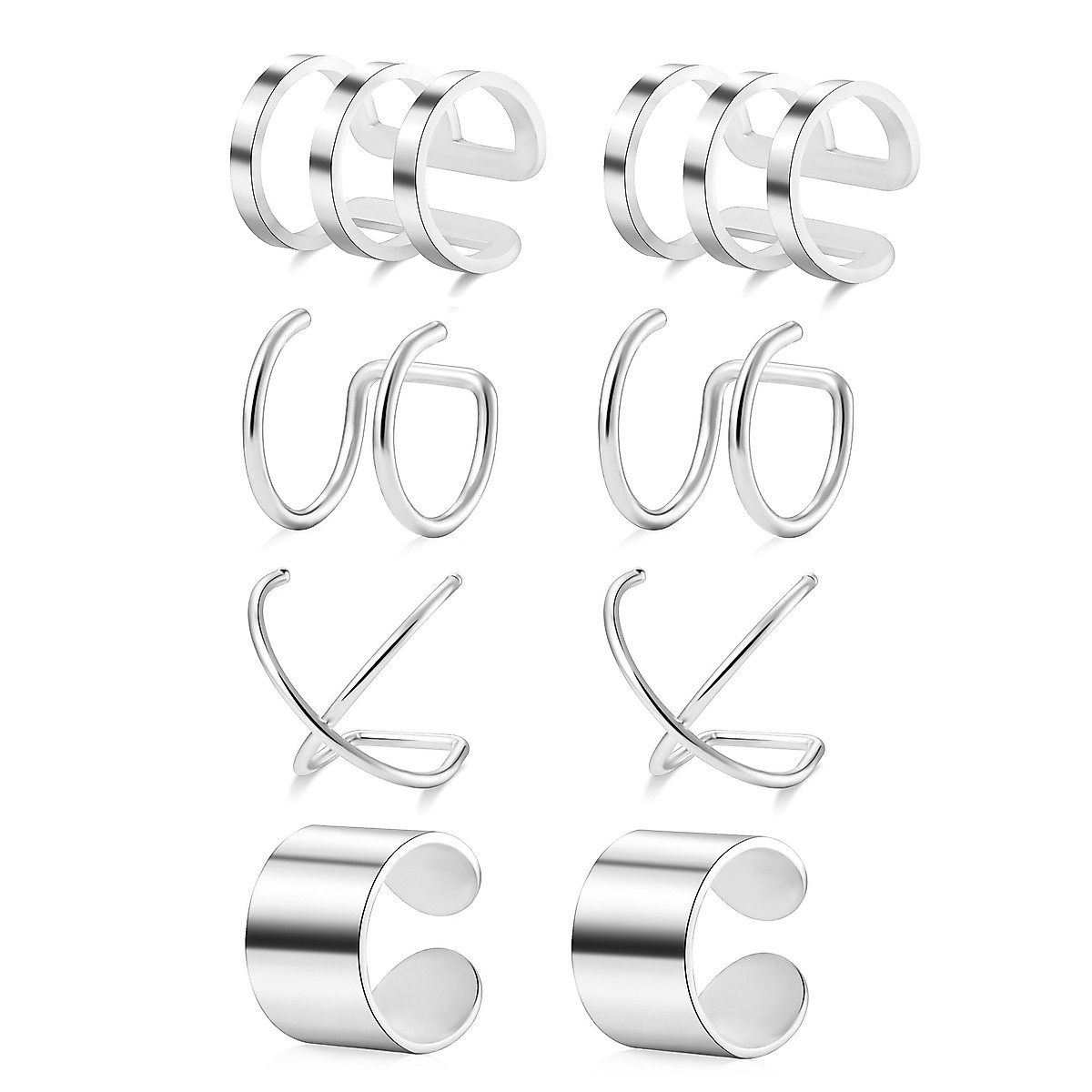 Tornito 4-10 Pairs Stainless Steel Ear Cuff Helix Cartilage Clip On Wrap Earrings Fake Nose Ring Non-Piercing Adjustable (A4: 4 Pairs, Silver Tone)