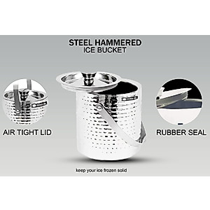 Ice Bucket With Lid, Insulated Hammered Ice Bucket for Cocktail Bar with Ice Tong, Double Walled Stainless Steel, 1.75 L, 1.84 Quarts, Ice Cold For 6 h with Handle (Silver Hammered)