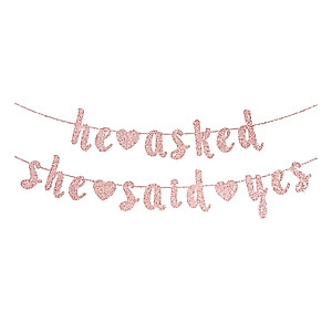Engagement Party Decorations, Rose & Gold Engaged He Asked She Said Yes Banner, Bachelorette Party Favors, Glitter Diamond Bride Sign for Bridal Shower Hen Party Supplies Backdrop Decor (Gold)