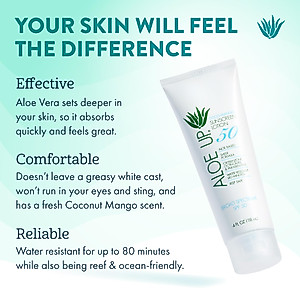 Aloe Up White Collection Sunscreen Lotion SPF 50 - Broad Spectrum UVA/UVB Sunscreen Protector for Face and Body - With Aloe Vera Gel - Alcohol-Free - Reef Friendly - Coco-Mango Fragrance - 4 Oz