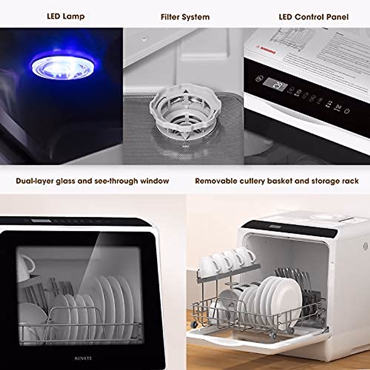 Portable Countertop Dishwashers, NOVETE Compact Dishwashers with 5 L Built-in Water Tank & Inlet Hose, 5 Washing Programs, Baby Care, Air-Dry Function and LED Light for Small Apartments, Dorms and RVs