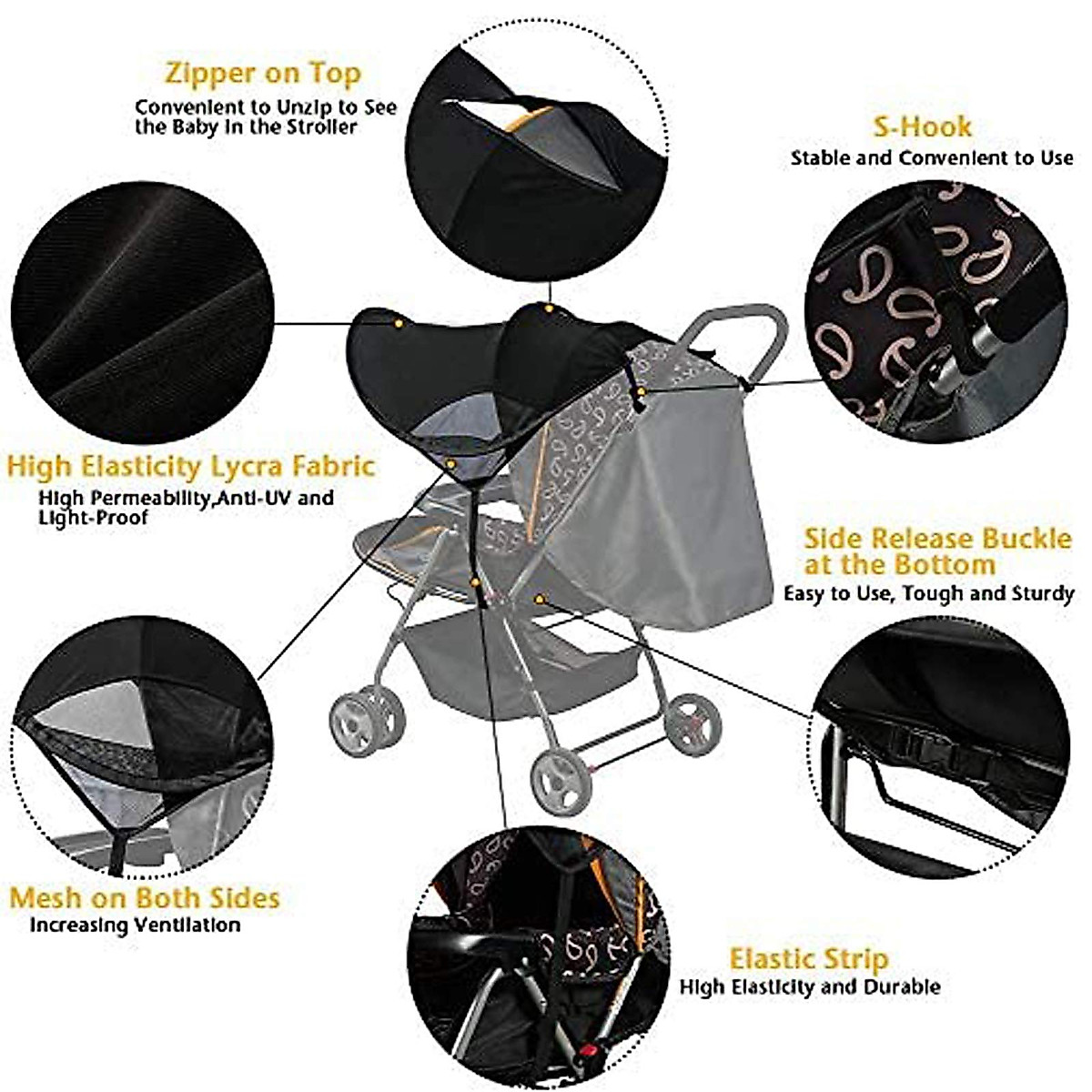 ADESUGATA Universal Stroller Sun Shade - Baby Stroller Sun Cover, Summer Pram Sunshade Awning Adjustable with UV Protection and Mosquito Net for Pushchair, Buggy, Carrycot (Black)