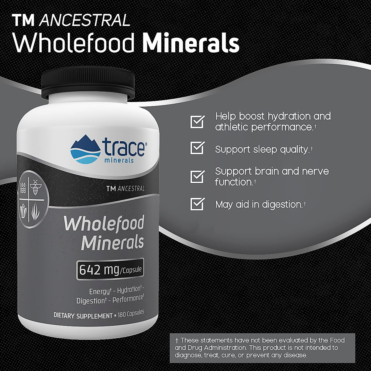 TM ANCESTRAL Wholefood Minerals Capsules | 642 mg/capsule (180 capsules) | Supports Hydration, Sleep, Brain, Nerves, & Digestion | Includes Bee Pollen, Atlantic Kelp, Ancient Sea Salt, and ConcenTrace
