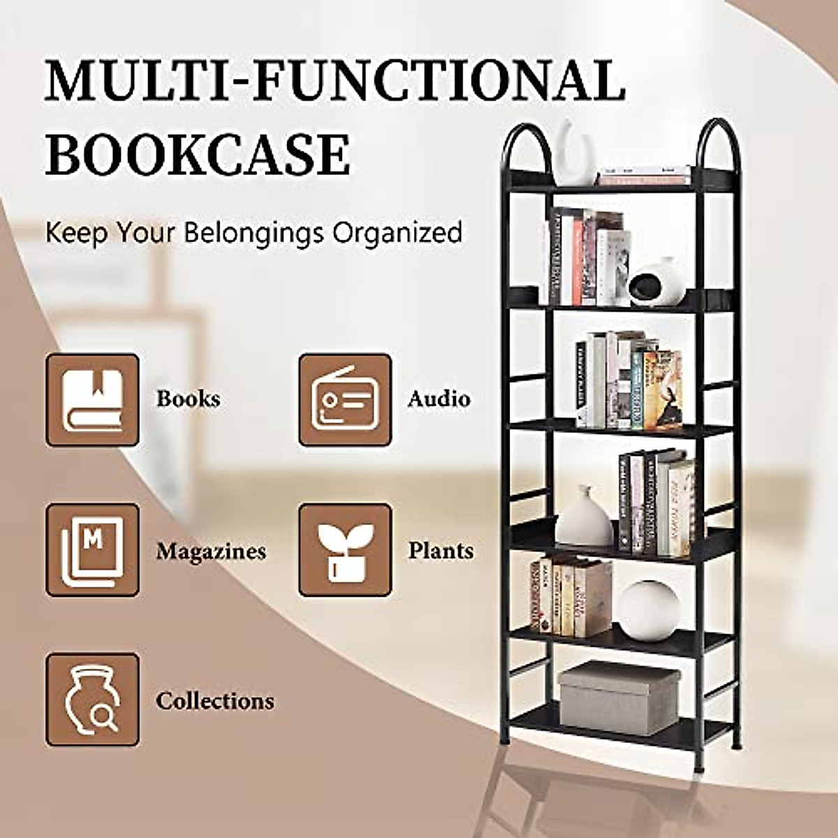 Tmosi Bookshelf 6 Tier Bookcase, 70.8 inch Tall Open Display Shelves, Wood Storage Rack Shelf with Metal Frame for Home Office, Bedroom, Living Room, Black