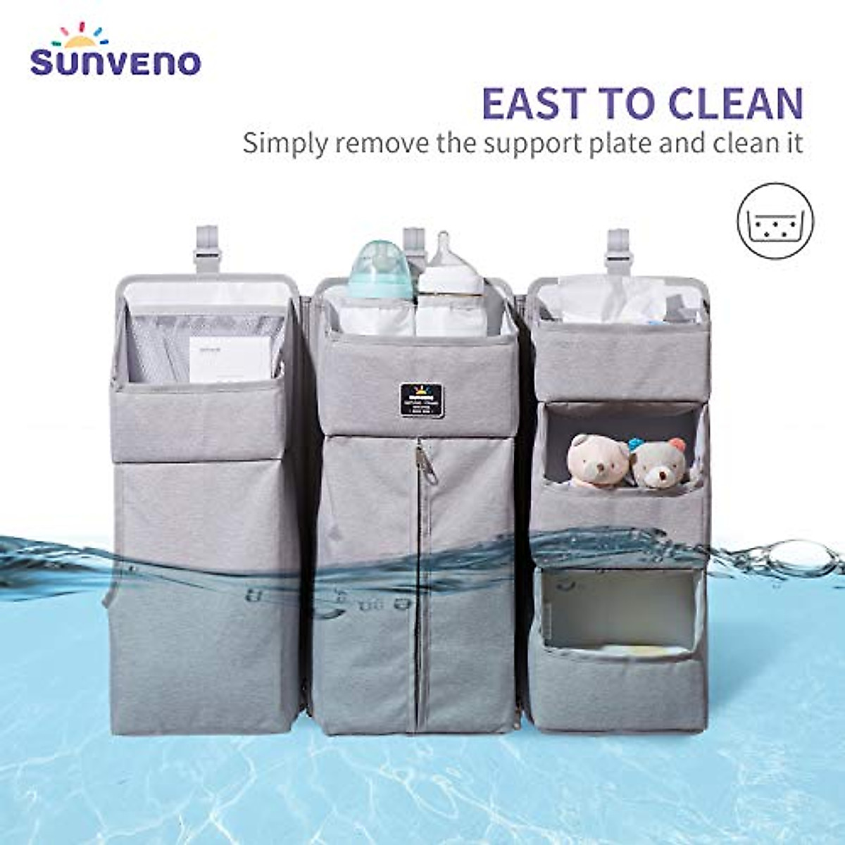 SUNVENO 3-in-1 Detachable Changing Table Diaper Organizer, Crib Hanging Diaper Organizer for Baby Essentials Storage, Grey