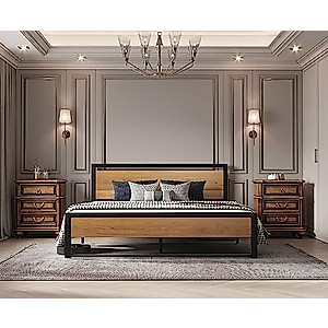 BONSOIR Queen Size Bed Frame Steady Steel Platform with Wood Headboard/Footboard (Queen Size)