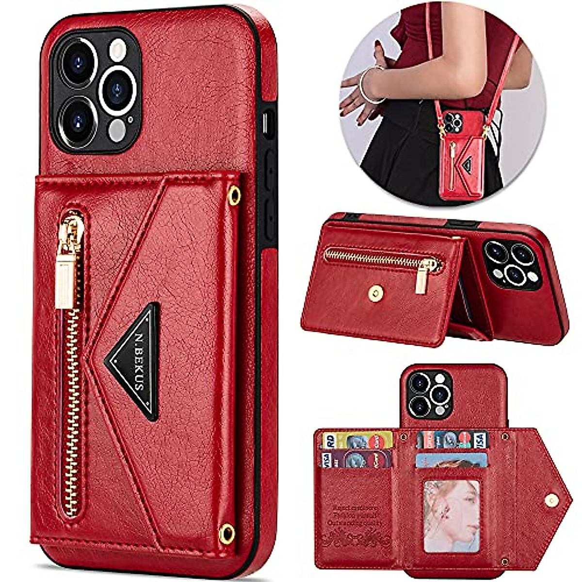 KUDEX Wallet Case for iPhone 13 Pro Max,Slim Fit Card Holder Case with Crossbody Strap Leather Magnetic Handbag Protective Folding Case Cover for Women Girl for iPhone 13 Pro Max 6.7" 2021(Red)
