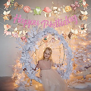 Fairy Happy Birthday Banner Pink - 3pcs Glitter Wonderland Garden Fairy Banner Garlands for Little Girl, NO DIY, Perfect for Whimsical Fairy Tale Themed Birthday Celebration Event Decorations